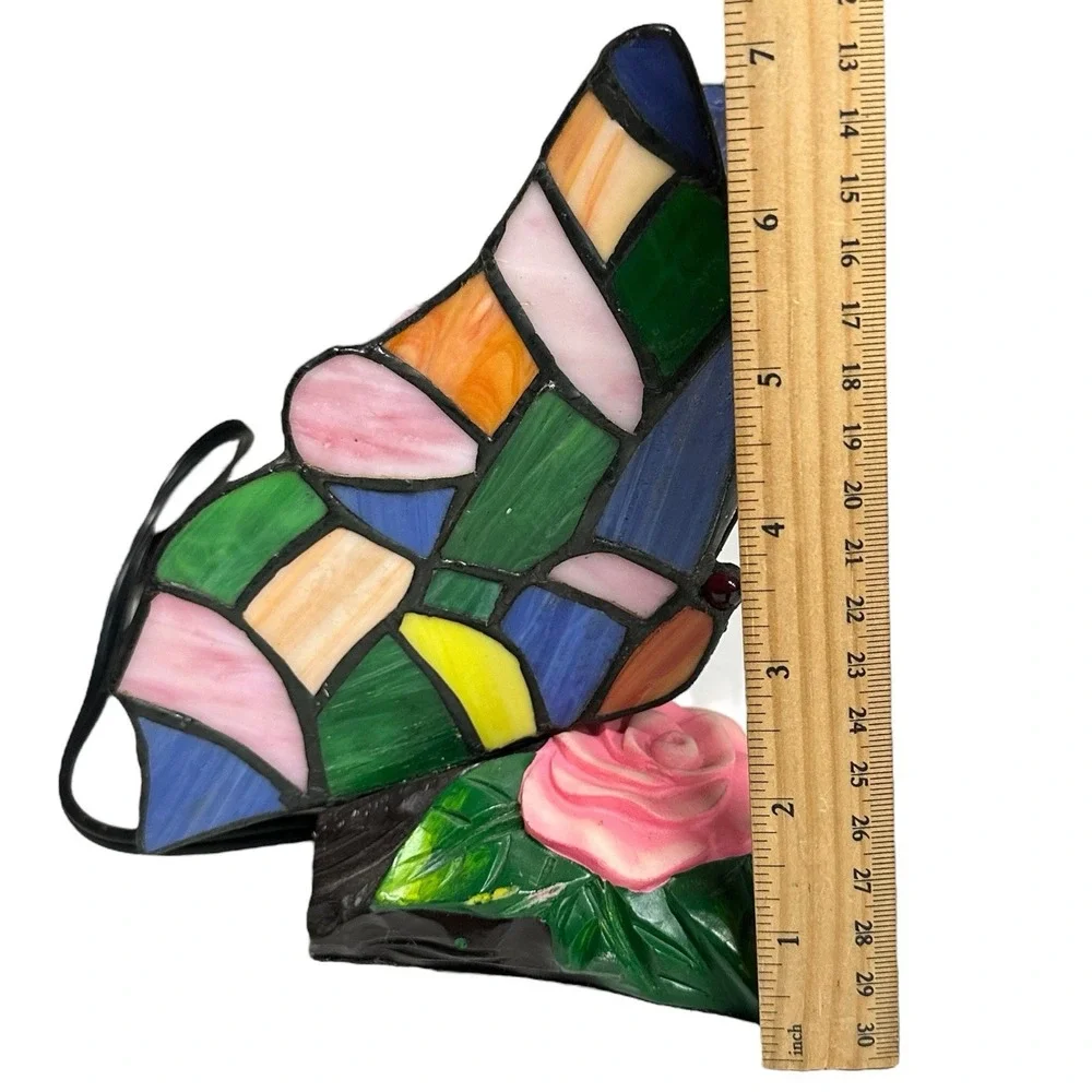 Accents | Tiffany Style Stained Glass Butterfly Lamp Pink Rose Base ...